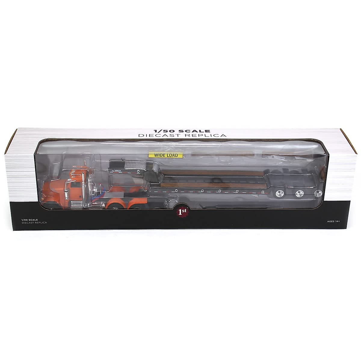 First Gear Peterbilt 367 Day Cab Bright Orange and Talbert 55SA Tri-Axle Lowboy Trailer Black 1/50 Diecast Model