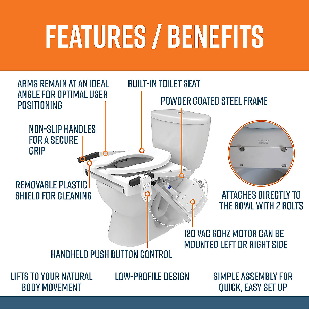EZ-Access TILT Toilet Incline Lift, Corded Power, Elongated Seat