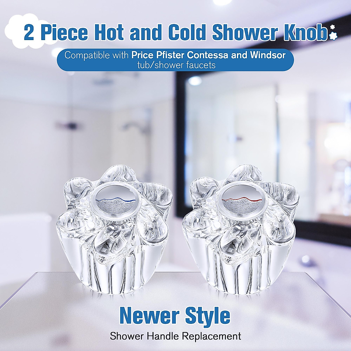 Enhon Shower Knob Replacement, Compatible with Pfister Contessa and Windsor Tub and Shower Faucets, 2 Piece Hot and Cold Faucet Handle Replacement, Newer Style, Clear Acrylic