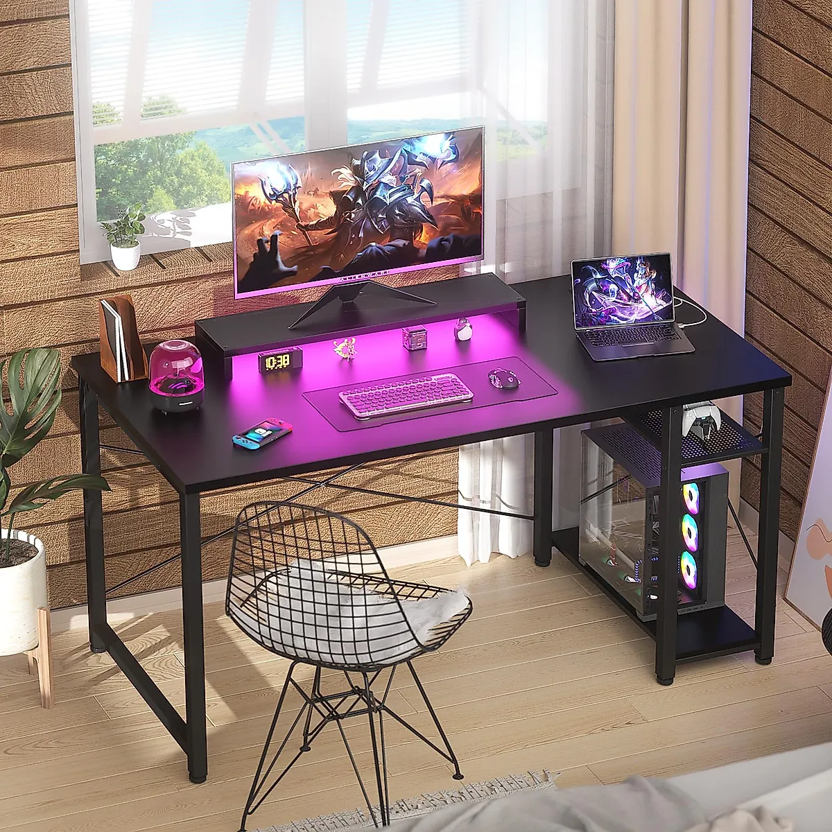 Besiost Gaming Desk with Lights, Reversible Computer Desk with Power Strips, 39.4 Inch Gaming Desk with Moveable Monitor Stand and Shelves, Small Desk for Small Spaces, PC Gaming Desk for Home, Black