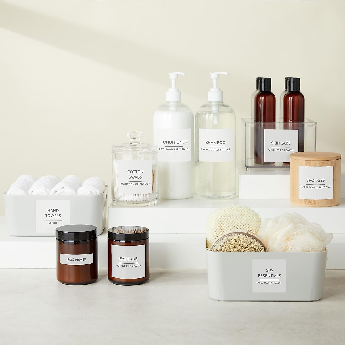 Talented Kitchen 174 Gold Minimalist Bathroom Labels Set with Makeup Labels, Gold Print on White Matte Backing, Water Resistant. 174 Bathroom, Beauty & Makeup Vinyl Stickers. Organization Storage