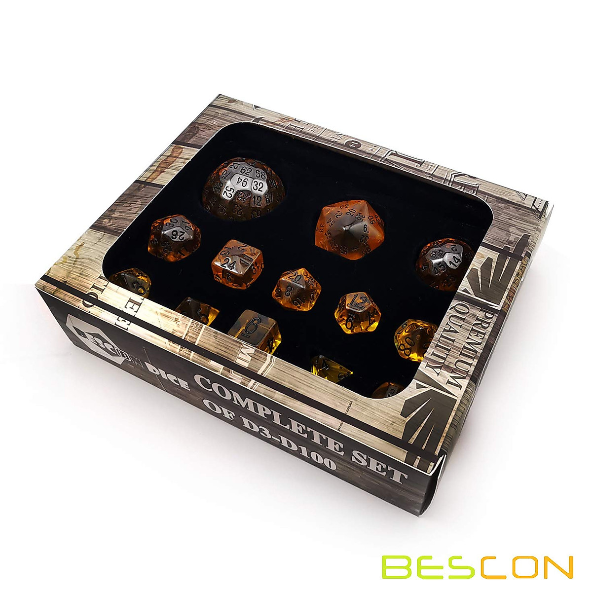 BESCON DICE Amber Complete Polyhedral RPG Dice Set 13pcs D3-D100