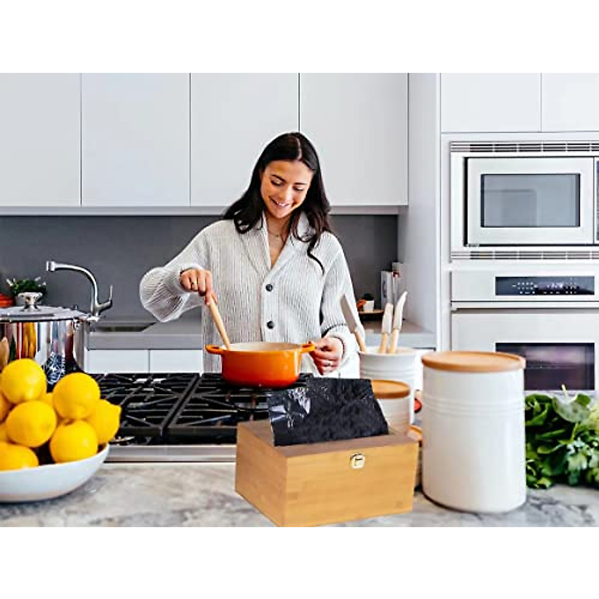 Takor Bamboo Trash Bag Organizer, Wall Mounted Bag Holder for Garbage Bag, Plastic Bag, Grocery Bag, Compatible with Various Trash Bag Rolls, Trash Bag Dispenser for Home and Kitchen