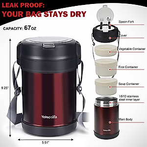 Yelocota Thermos for Hot Food- 67 Oz Vacuum Insulated Food Jar- 18/10 Stainless Steel Soup Container- 3-Layer Sealed Stackable Termos Para Comida Caliente with Lunch Bag,Fork and Spoon