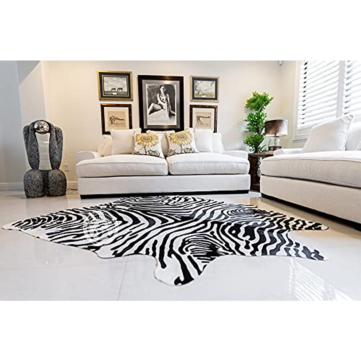 Safari Zebra Print Black on Off White Genuine Cowhide Rug 6 x 7 ft. 180 x 210 cm