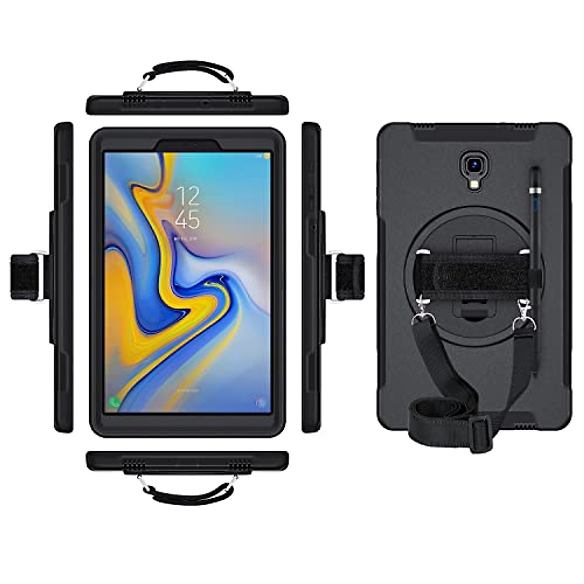 Bkinew Tablet Case for Samsung Galaxy Tab A 10.5-inch 2018 SM-T590/SM-T595/SM-T597 with Screen Protector 360 Rotating Kickstand and Hand/Shoulder Strap Rugged Protective Cover, Black