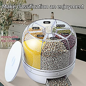 WOWFUNNY Grain Dispenser, 8.2 Qt Rotating Rice Dispenser Storage Container, 6-Compartment Dry Food with Measuring Cup, Containers for Kitchen Small Grains, Beans, (8.2Qt)