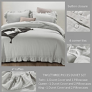 meadow park 100% Stone Washed French Linen Duvet Cover Set 3 Pieces - Super Soft,King 104 inches x 92 inches - Shams 20 inches x 36 inches, Ruffled Style - Button Closure - Corner Ties, Light Grey