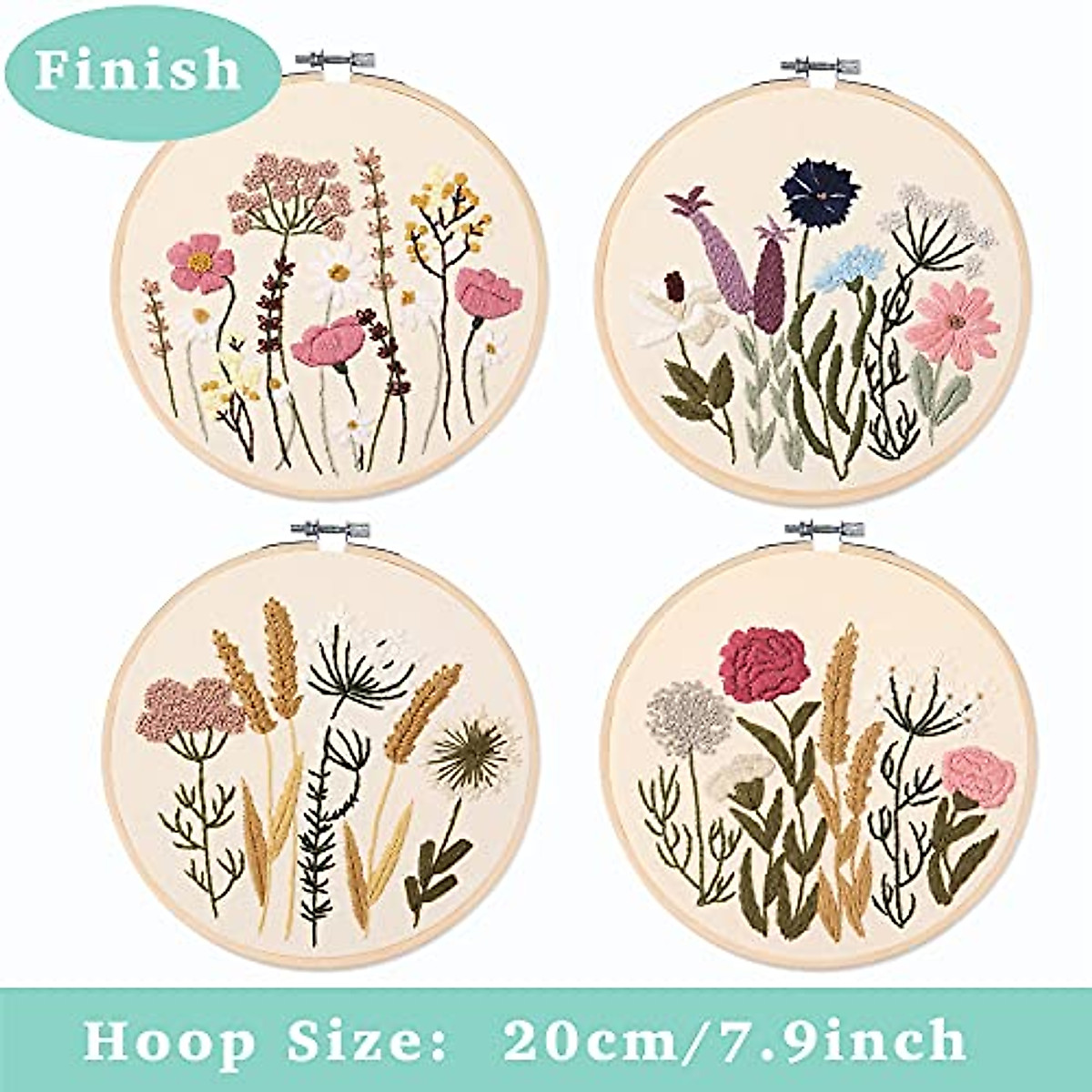 REEWISLY Embroidery Kit for Beginners 4 Sets, Hand DIY Cross Stitch Kits,4 pcs Embroidery Hoop,4 pcs Plants Flowers Embroidery Patterns and Threads,Easy for The Embroidery Beginners to Learn…