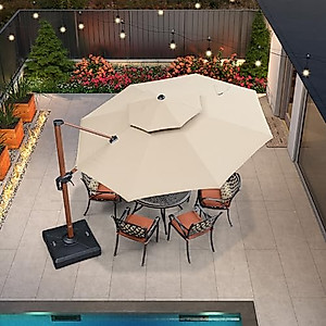 PURPLE LEAF 11 Feet Double Top Deluxe Wood Pattern Round Patio Umbrella Offset Hanging Umbrella Cantilever Umbrella Outdoor Market Umbrella Garden Umbrella, Heather Beige