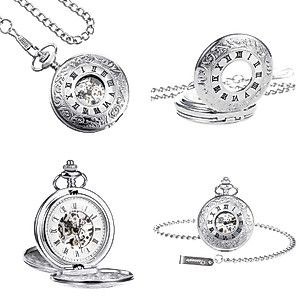 TREEWETO Antique Mens Pocket Watch Skeleton Mechanical Half Hunter Silver Case Roman Numerals