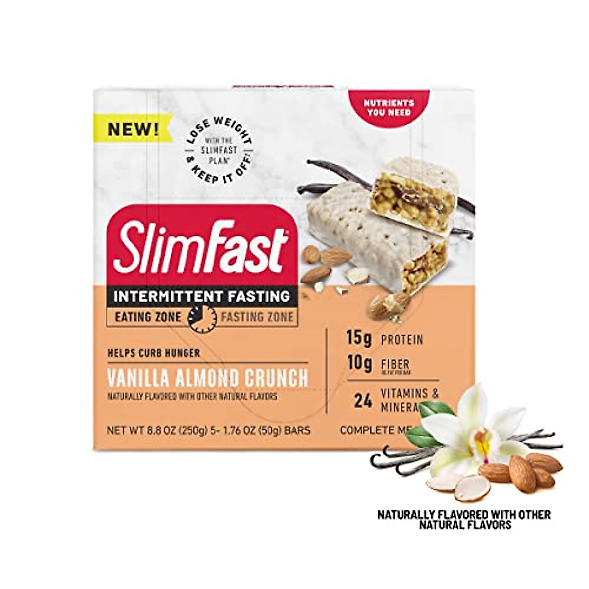 SlimFast Intermittent Fasting- Complete Meal Protein Bars, Vanilla Almond Crunch, 5 Bars (Pack of 1)