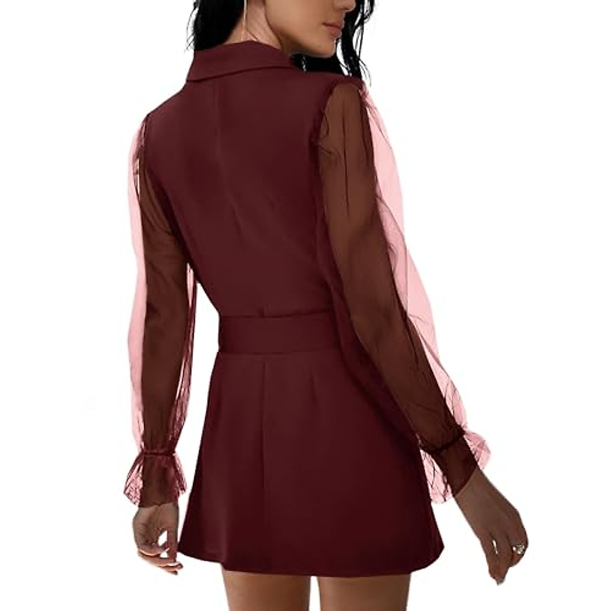LYANER Women's Elegant Collar V Neck Lace Long Sleeve Blazer Mini Dress with Belt Burgundy Medium