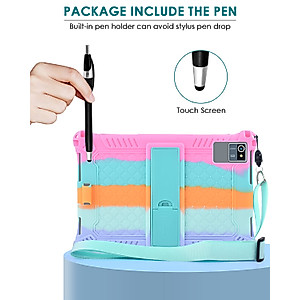 DETUOSI Silicone Case for Okaysea 10.1 inch Tablet with Stylus Pen & Shoulder Strap, Multi-Angle Stand Case, Soft Lightweight Protcetive Cover for QunyiCO 10.1, Moderness MB1001 10.1, Dazzling Pink