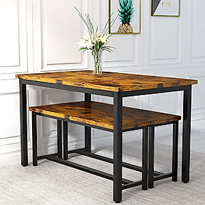 AWQM Dining Room Table Set, Kitchen Table Set with 2 Benches, Ideal for Home, Kitchen and Dining Room, Breakfast Table of 47.2x28.7x28.7 inches, Benches of 41.3x11.8x17.7 inches, Industrial Brown