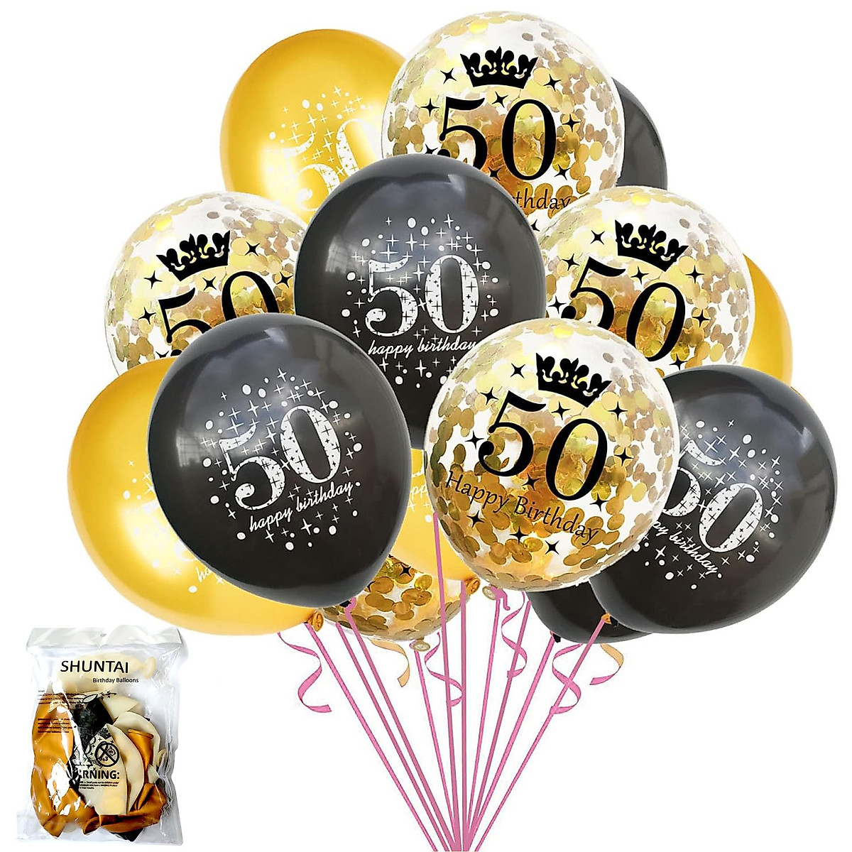 50th Birthday Balloons Black Gold Party Decorations Latex Gold Confetti Balloon for Women Men 50 Year Old Anniversary Theme Birthday Party Supplies 15 Pack 12 Inch (50th Birthday Decorations)