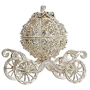 Kisangel Silver Rhinestone Princess Crystal Pumpkin Carriage Trinket Jewelry Box Collectible Figurine Decorative Jewelry Ring Display Holder Table Sculpture