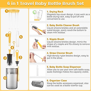welltop Travel Bottle Cleaner Kit, Portable Baby Bottle Brush Set with Silicone Bottle Cleaning Brush, Built-in Bottle Drying Rack, Nipple Brush, Straw Brush, Bottle Soap Dispenser for Travel Home