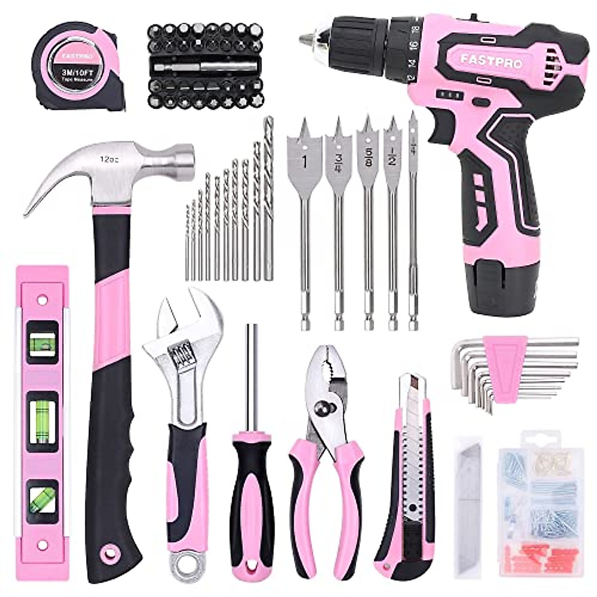 FASTPRO 175-Piece 12V Pink Drill Set, Cordless Lithium-ion Driver and Tool Kit, House Repairing Tool with 12-Inch Storage Bag, For DIY, Home Maintenance.