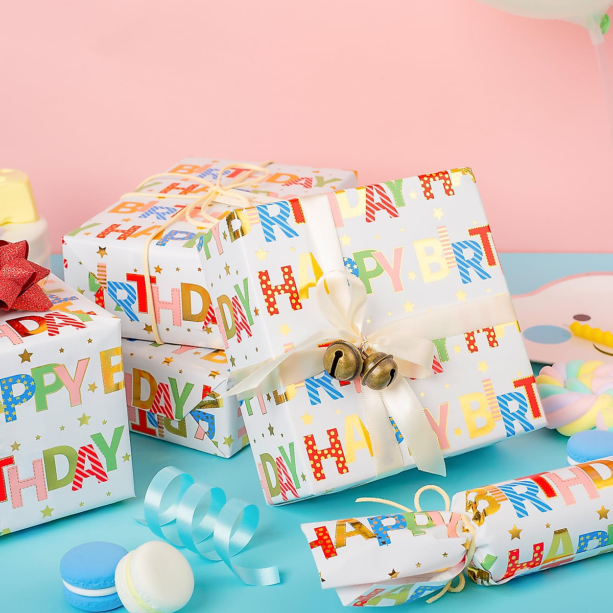 Merture Colorful Wrapping Paper Roll, Happy Birthday Gift Wrap - 17 In X 32.8 Ft - 1 Roll (46.5 sq.ft.ttl.) Foil Happy Birthday Lettering & Candles Wrapping Paper for Birthday, Baby Shower, Party