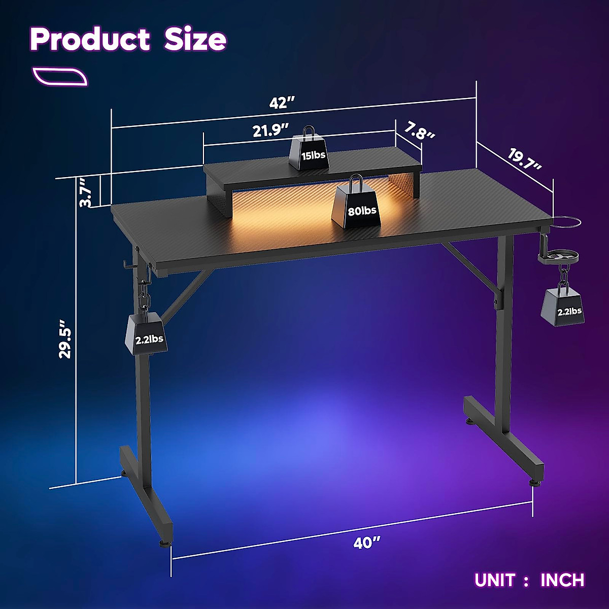 Bestie Gaming Room Set 42 inch LED Small Gaming Desk with Monitor Stand Bundle with LED Coffee Tables for Living Room,