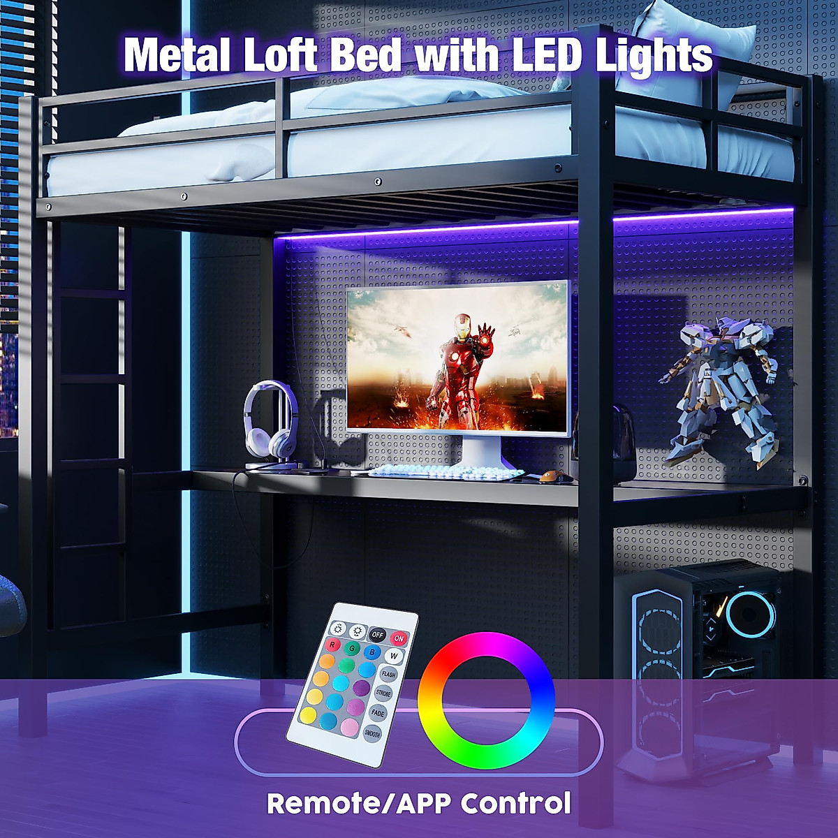 METAN Metal Loft Bed with Desk, Metal Loft Bed Frame with LED Light, Metal Bed with Desk with Charging Outlets, Noise-Free, Space-Saving, Black, Assembly Required