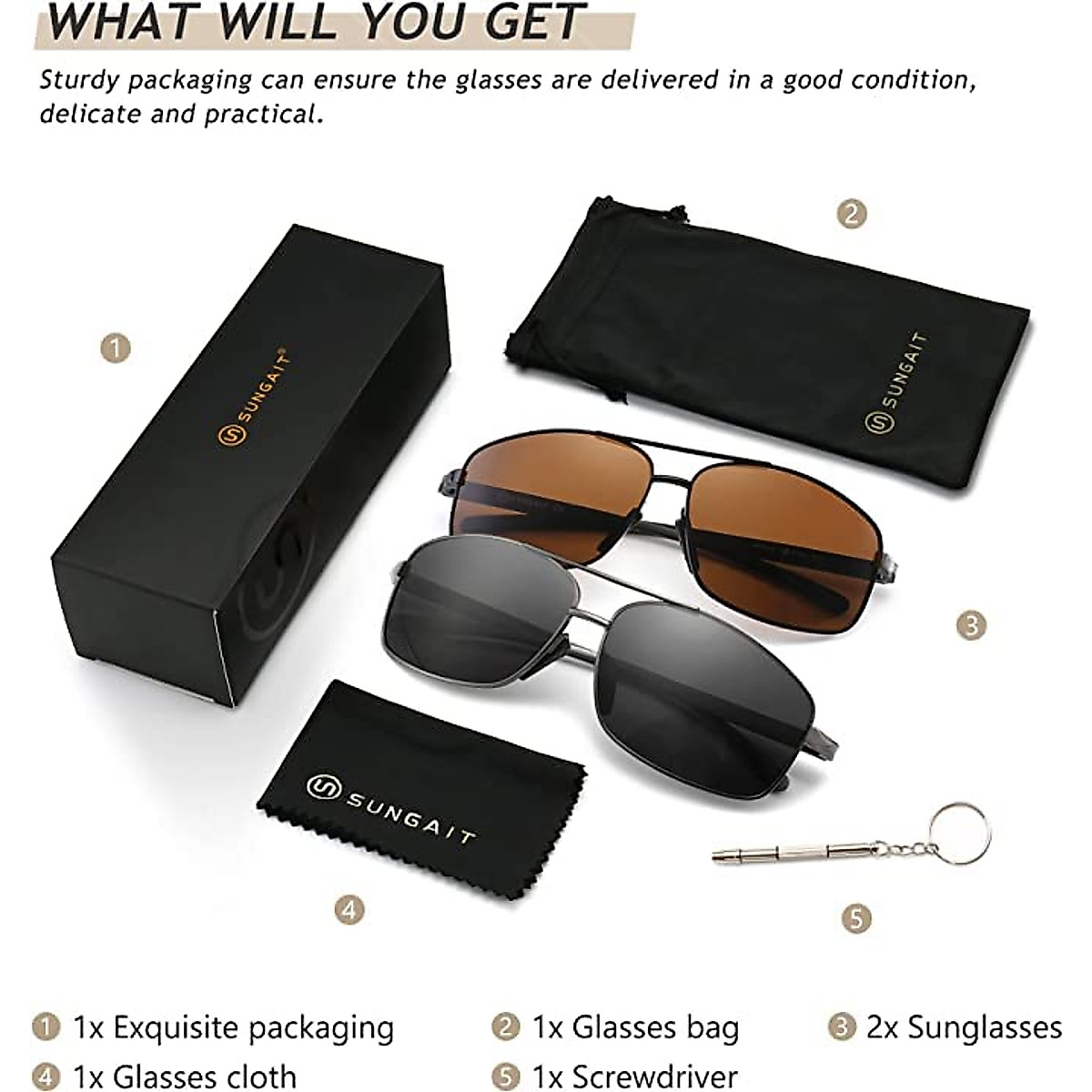 SUNGAIT Ultra Lightweight Rectangular Polarized Sunglasses UV400 Protection (Black Frame Brown Lens+Gunmetal Frame Gray Lens)