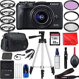 M6 Mark II Mirrorless Digital Camera with 15-45mm Lens Bundle (Black) vlogging Camera kit + Tripod, Memory Card, Lens Filters and More