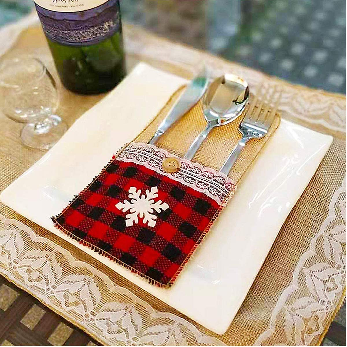 Vanteriam Natural Burlap Cutlery Holder Pouch Bags with Lace Trim, Knife and Fork Silverware Hold Bag, Christmas Utensil Holder Table Decoration for Christmas and Wedding Party 12 Pack