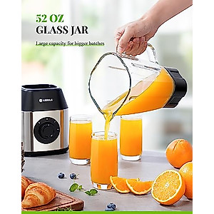 KIDISLE Professional Blenders for Kitchen, 1200W Powerful Smoothie Blender, 52oz Glass Jar for Shakes and Smoothies, Ice Crush, Frozen Fruit, Stainless Steel & Sliver