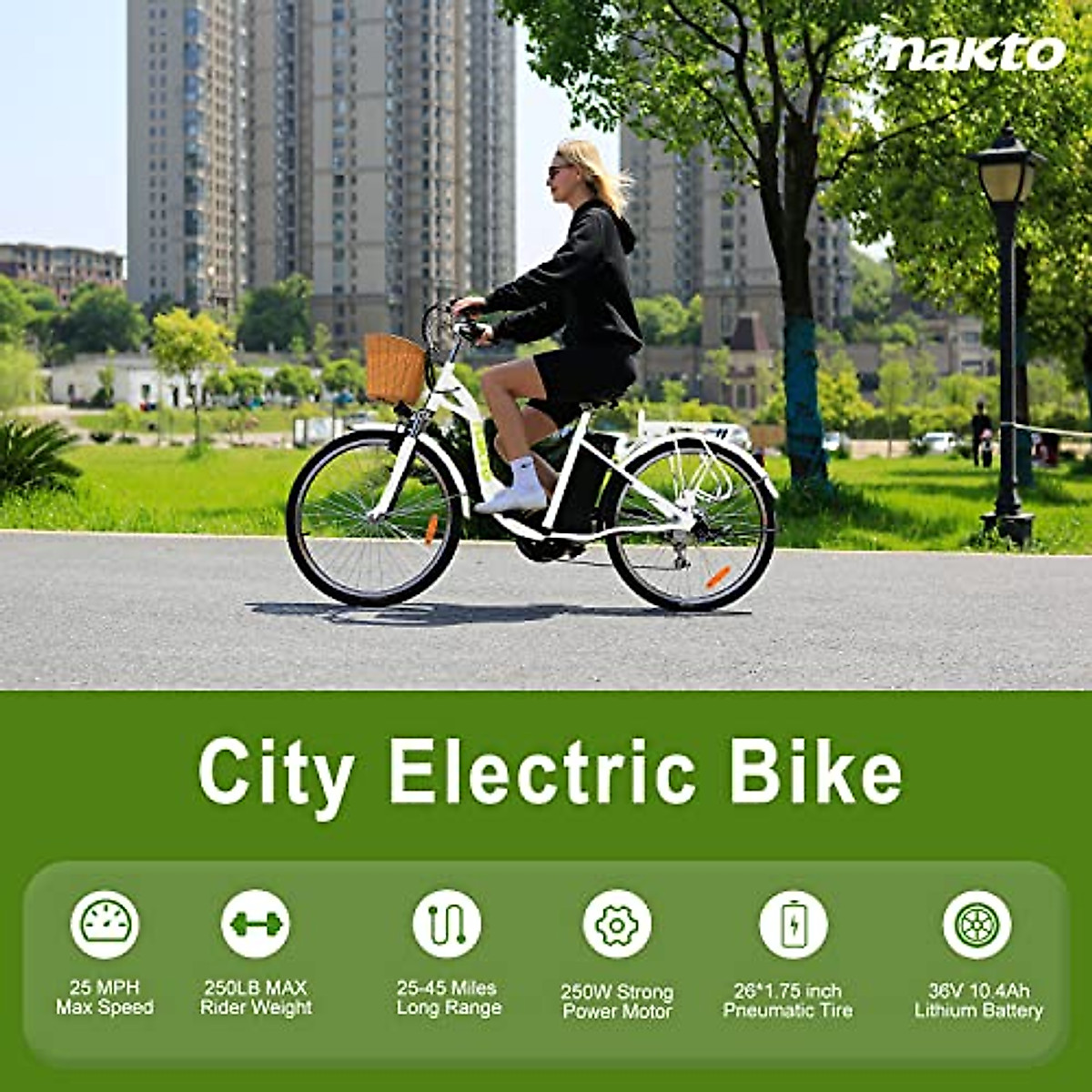 NAKTO Electric Bike 26" Electric Bicycle for Adults 250W Brushless Gear Motor 6-Speed Gear E-Bike with Removable Waterproof Large Capacity 36V10.4A Lithium Battery and Battery Charger