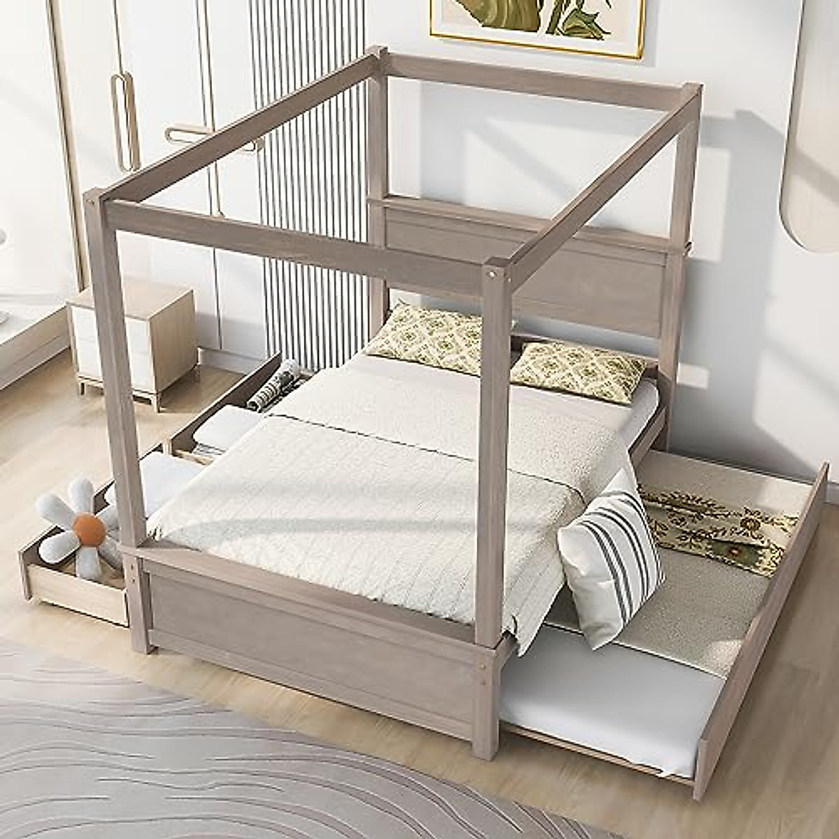 WADRI Modern Full Size Canopy Platform Bed with 2 Drawers and Trundle Bed, Wood Canopy Platform Bed with Support Slat, 4-Post Canopy Platform Bed Frame for Kids Teens Adult, No Box Spring Needed