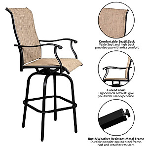 VINGLI 2 Pieces Outdoor Swivel Bar Stools, Patio Metal Bar Chairs Set of 2, All-Weather Bar Height Outdoor Chairs for Outside, Yard, Lawn, Poolside and Garden (2 Chairs, Brown)