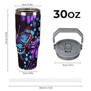 BWQJKUO Large Capacity Car Cup 30 Oz Stainless Steel Purple Butterfly And Flowers Printed Travel Mug Leak-proof Flip Straw Tumbler with Handle,keeps Cold Or Ho
