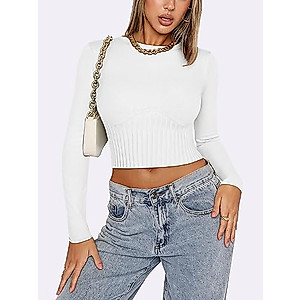REORIA Women's Sexy Trendy Crew Neck Cropped Sweater Fall Long Sleeve Ribbed Knit Pullover Slim Fit Casual Basic Crop Tops White Large