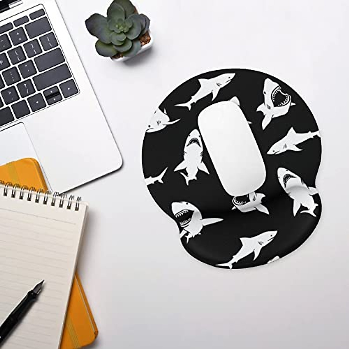 SEPTYK Cute Shark Fierce Navy Blue Pattern Ergonomic Mouse Pad with Wrist Support Rest Gel Non-Slip Rubber Base Mousepad for Computer Laptop Home Office Gaming Pain Relief