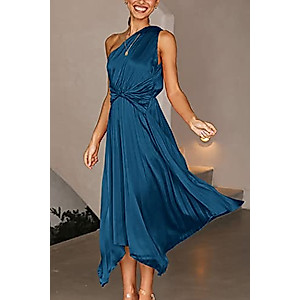 PRETTYGARDEN Women's Summer Long Satin Dress One Shoulder Sleeveless Ruched Twist Flowy Maxi Dresses (Lake Blue,Small)