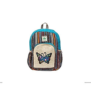 Hemp Backpack | 100% Pure Hemp - All Natural Handmade Multi Pocket Small Laptop Backpack | Travel Backpack - For Women and Men | Laptop Sleeve -Water Bottle Pockets | Boho Hippie - Butterfly