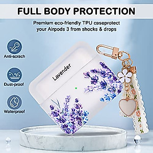 Purple Lavender Case for Airpods 3rd Generation (2021) Cover Clear for Women Girls with Flower Floral Pattern & Cute Love Heart Keychain Skin Soft Silicone Shockproof Protective Cover