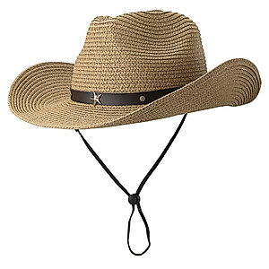 Straw Cowboy Hat for Women Men Western Sun Hat Wide Brim Summer Belt Cowgirl Hats(M-L) Khaki
