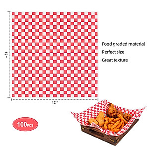 100pcs Deli Paper Sheets 12x12", Premium Food Basket Liners, Grease Resistant Wax Paper Sheets for Food, Classic Checkered Sandwich Wrapping Paper for Party, Festival and Outdoors, JIRNGLA