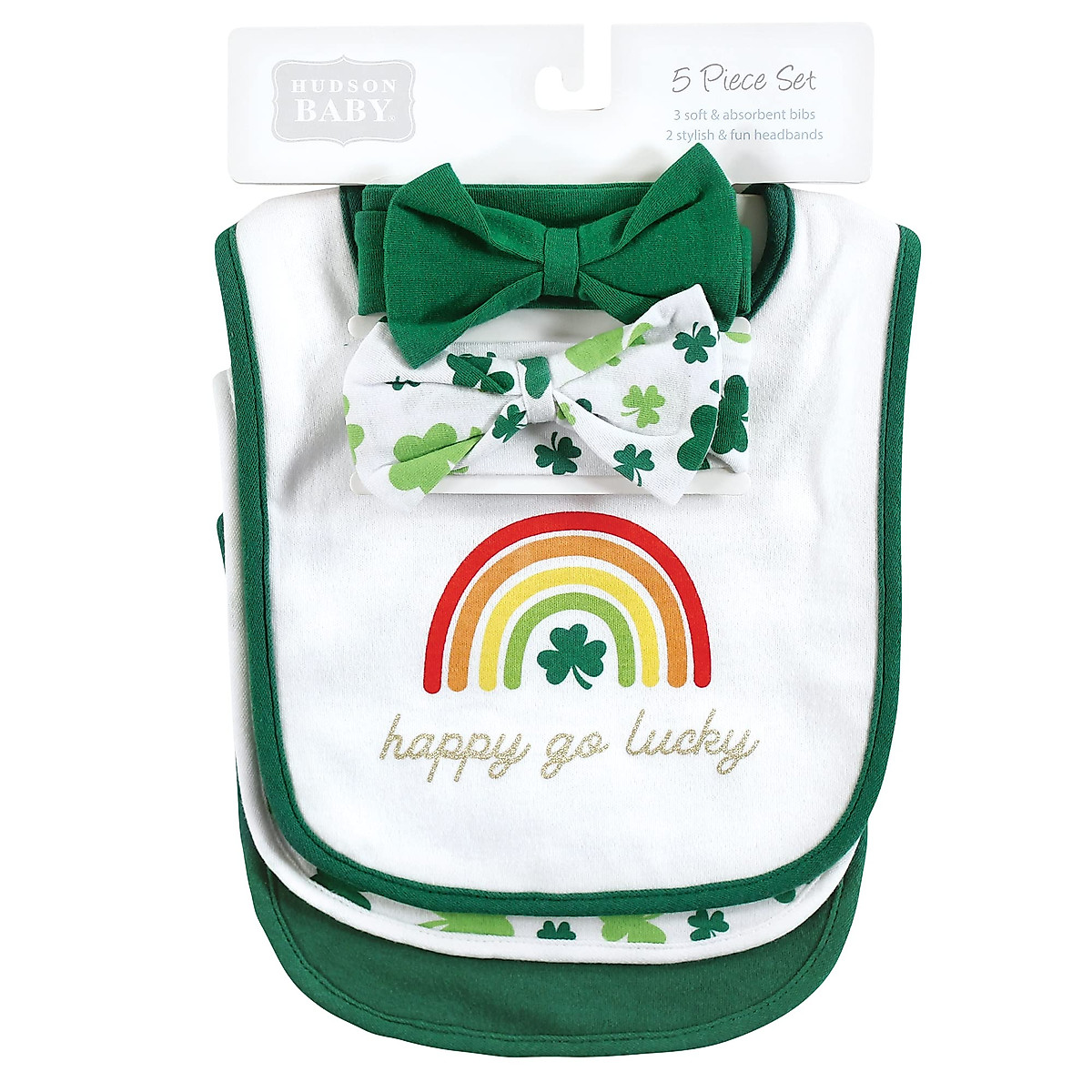 Hudson Baby Unisex Baby Cotton Bib and Headband or Caps Set, St Patricks Rainbow, One Size