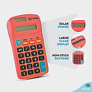 Calculator Red, Basic Small Solar and Battery Operated, Large Display Four Function, Auto Powered Handheld Calculator School and Kids Available in Green, Blue, Purple, Grey, Pink, 1 PK – by Enday