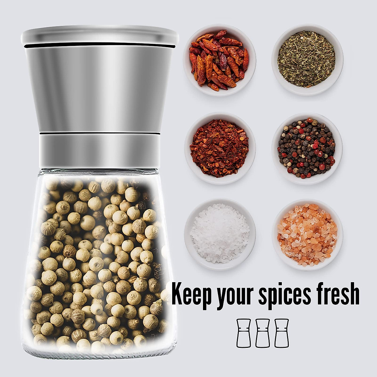 ACMEMAKE Pepper Grinder, Spice Mill with Ceramic Blades, Salt Grinder Refillable, Stainless Steel Dust Cover, Pepper Mill for Kitchen or Outdoor Picnic (180ML)