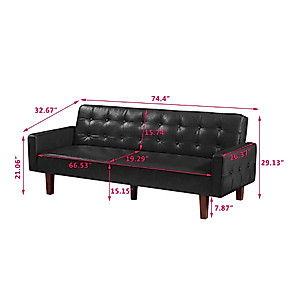 HoynPuko Multi-Functional Convertible Double Folding PU Leather Sofa Bed Living Room Furniture with Removable Wooden Legs, Adjustable Button Tufted Backrest, 74.41" W x 32.67" D x 29.13" H Black