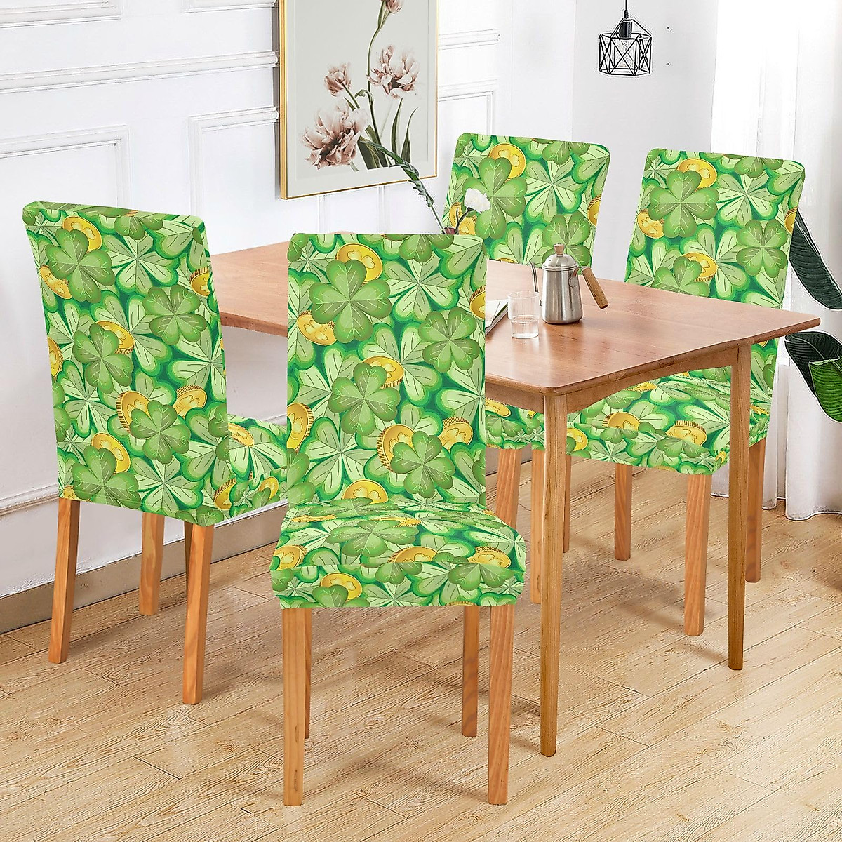 JUNZAN Luck Clover Gold Coin St. Patrick's Day Green Table and Chair Covers 2Pcs Table and Chair Cover Set Stretchable Banquet Chair Covers for Dining Room Spandex Chair