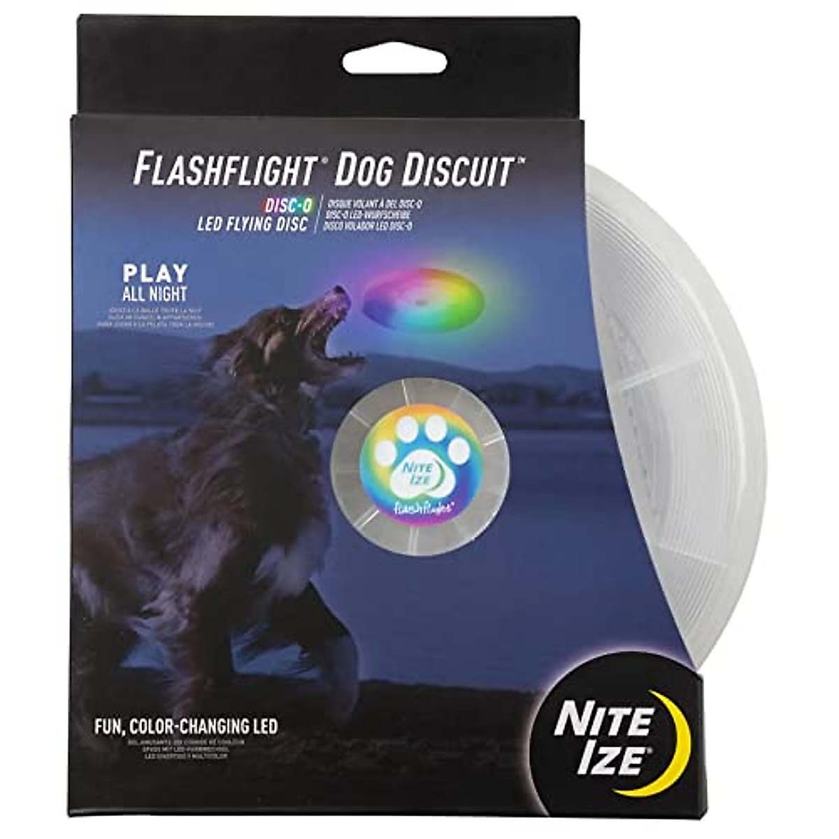 Nite Ize Flashflight LED Dog Discuit - Best Dog Flying Disc For All Hours of Play - With Long-Lasting LED Light, 1-Pack Multi-Colored Disc-O (FFDD-07-R8)