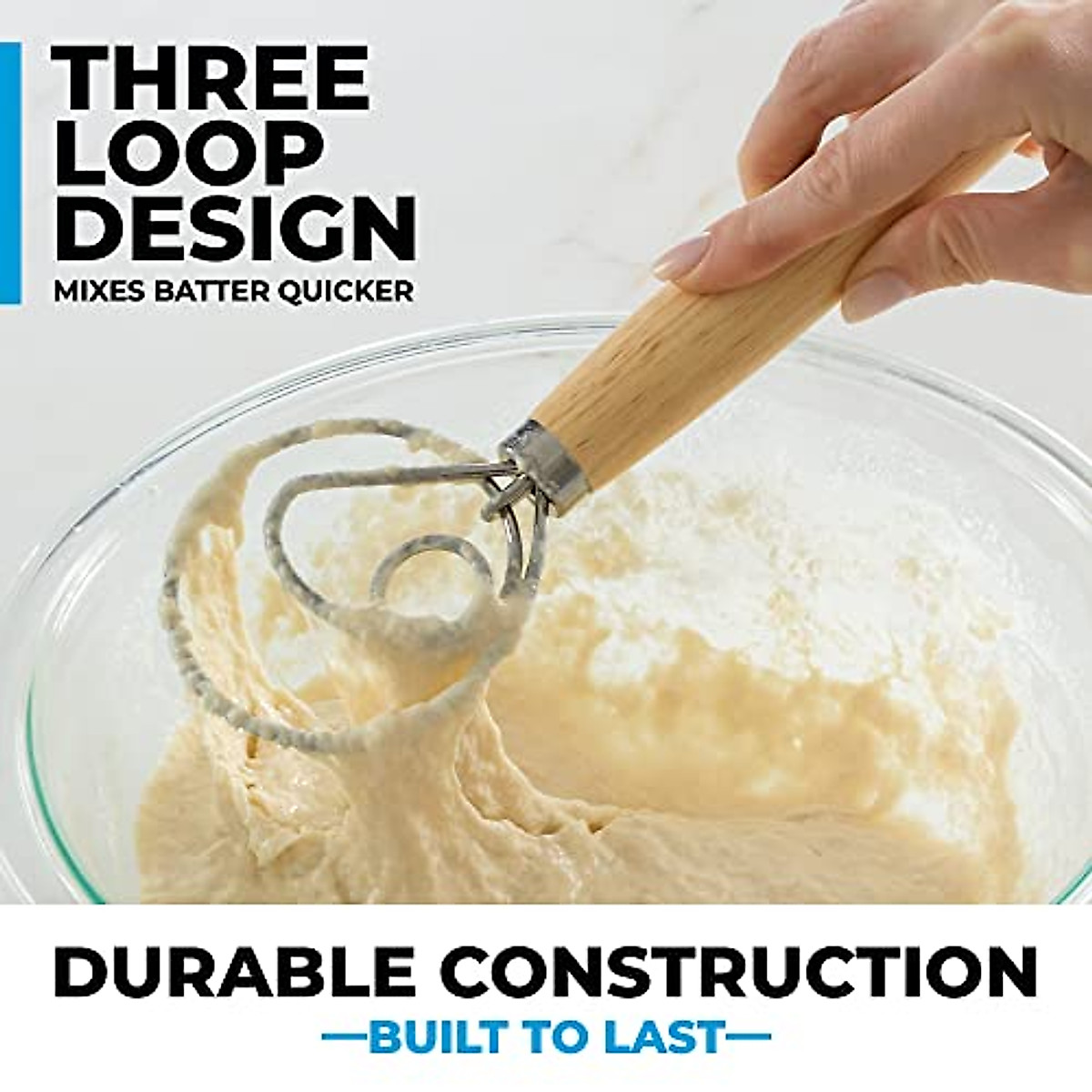 Zulay Kitchen 13 Inch Danish Dough Whisk - Large Wooden Danish Whisk For Dough With Stainless Steel Ring - Traditional Dutch Whisk Baking Tool For Bread, Batter, Cake, Pastry