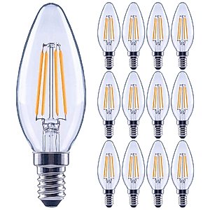 (12 Pack) 60-Watt Equivalent LED E12 Candelabra Base B11 Dimmable Clear Filament Vintage Style Light Bulb 2700K Warm White Decorative 60W LED Chandelier Ceiling Fan Bulbs. (New Version)