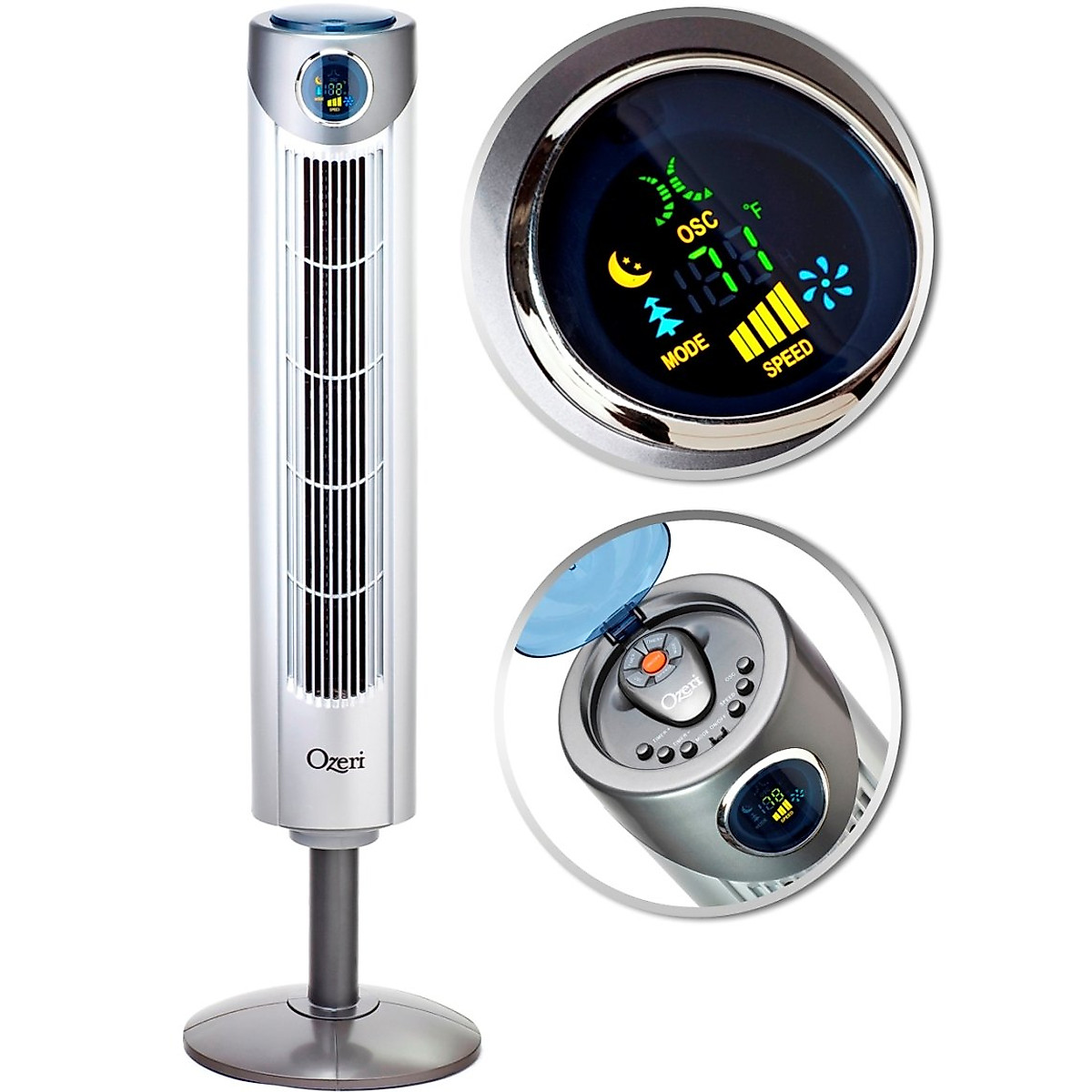 Ozeri Adjustable Oscillating Tower Noise Reduction Technology Ultra 42” Wind Fan, Silver